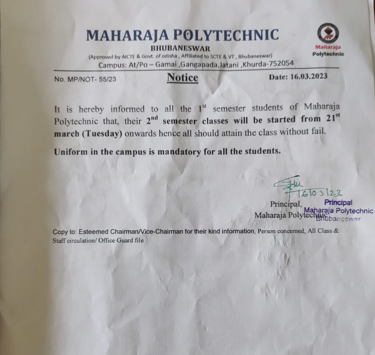2nd sem class start notice. – MAHARAJA INSTITUTE OF ADVANCED COMPUTING ...